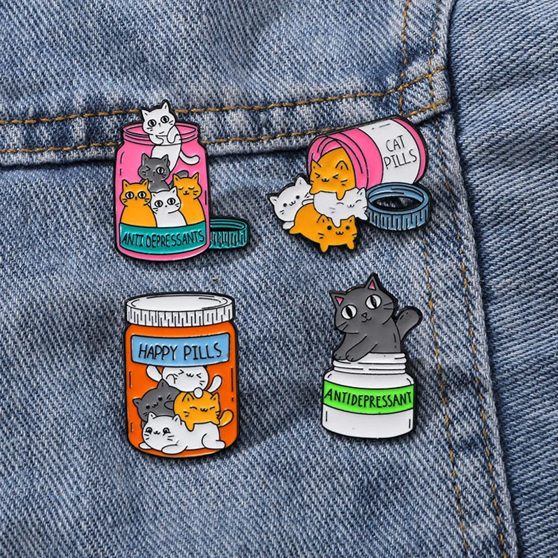 Cute Cat Pill Metal Brooch Cartoon Medicine Jar English Letter Colorful ...