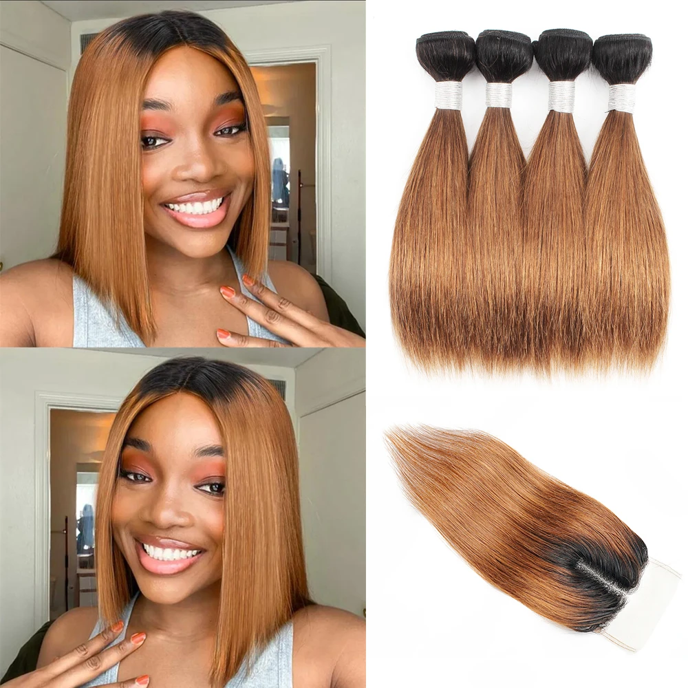 50g/pc 4 Bundles with Closure Transparent 4x1 T Lace Middle Part Ombre ...