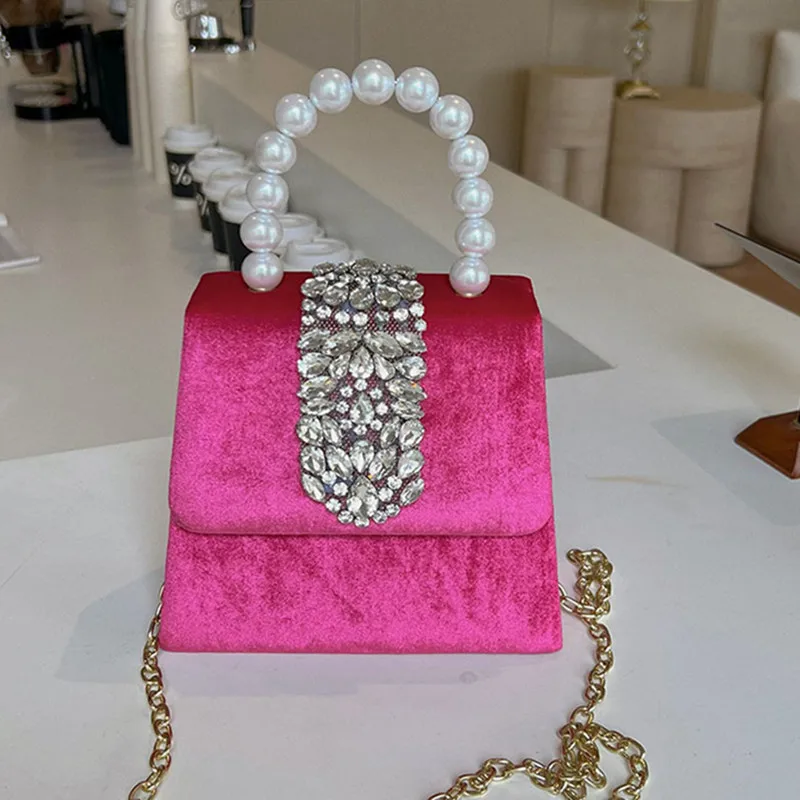 Women Glittering Crystal Velvet Handbags Designer Pearl Handle Bucket ...