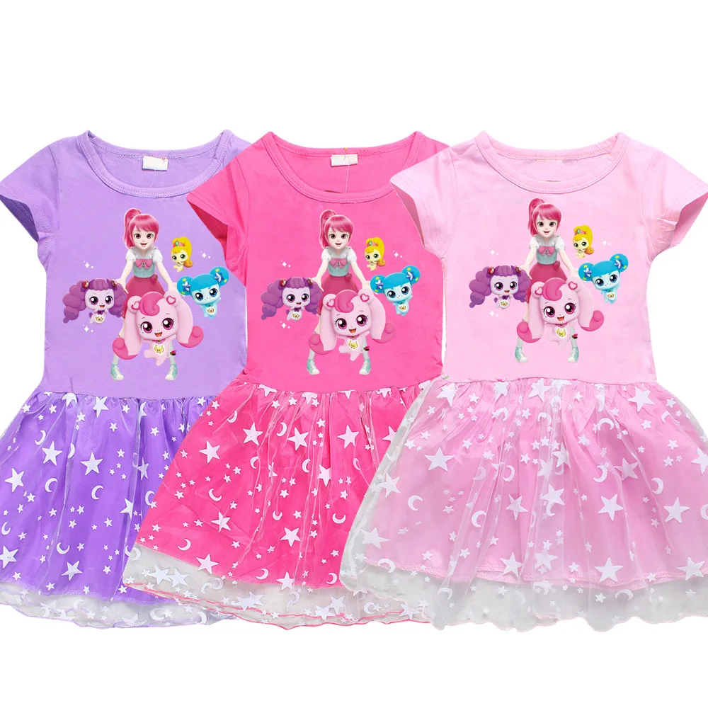 Girls Rainbow Lace Cartoon Catch Teenieping Print Dresses Summer ...