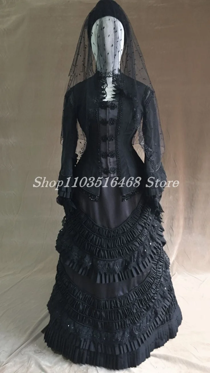Vintage-Victorian-Steam-Prom-Dress-Gothic-Women-s-Party-Black-Satin ...