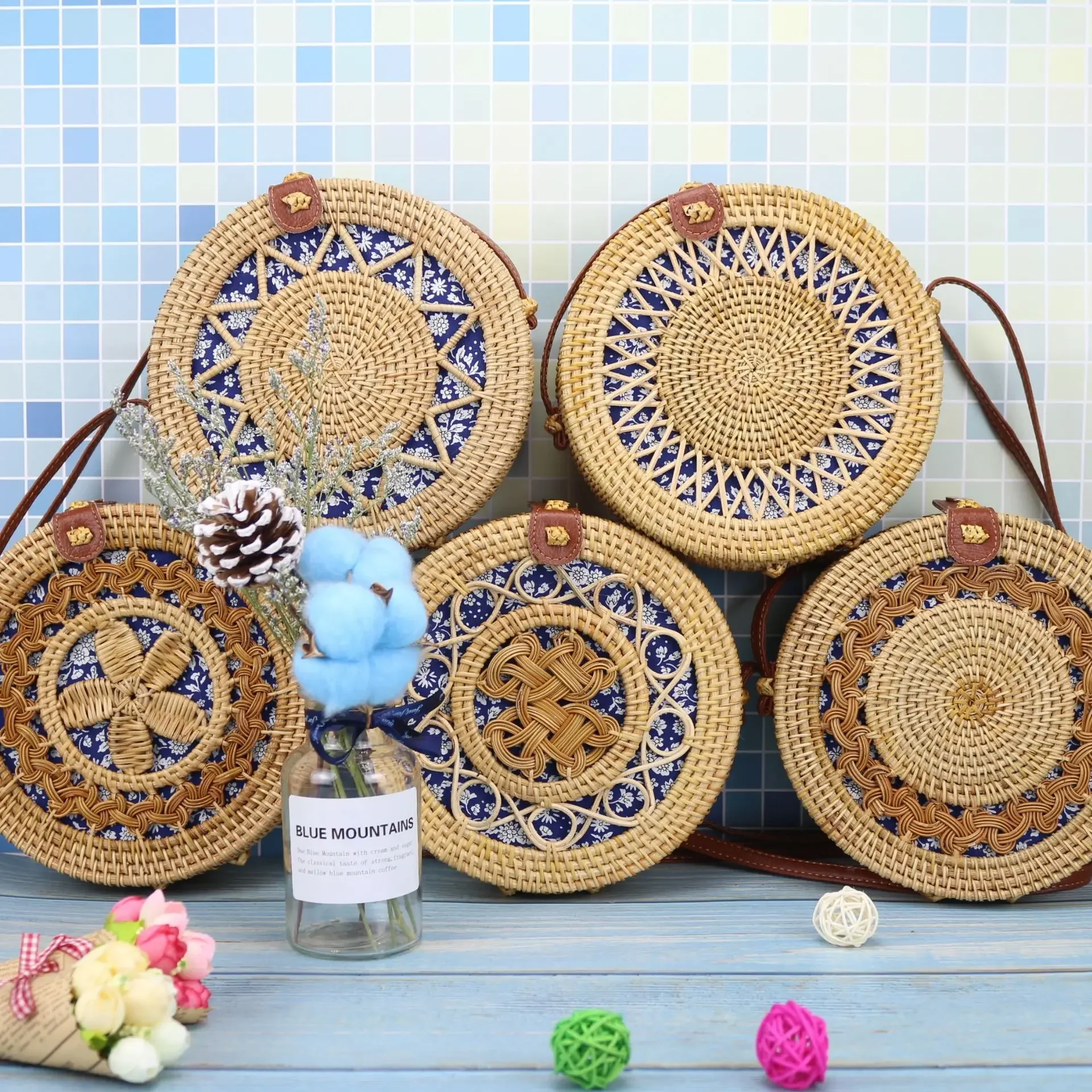 Ins-style-rattan-woven-bag-with-hollowed-out-blue-floral-lining-vintage ...