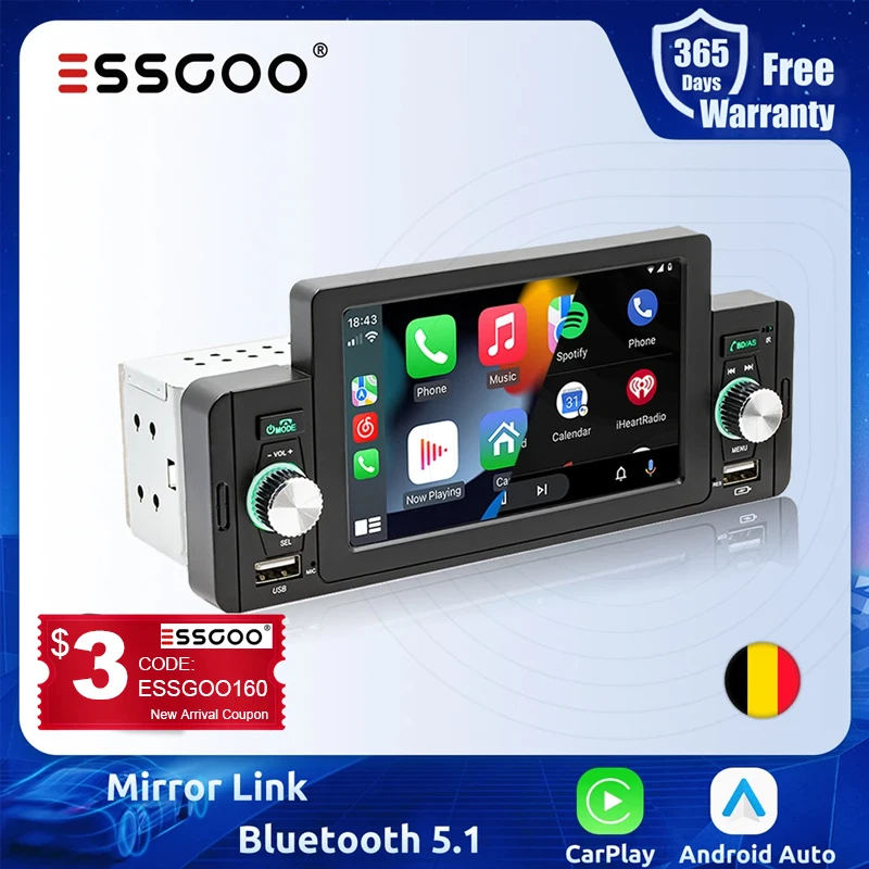 Essgoo 5 Inch Car Radio 1 Din Carplay Android Auto Multimedia Player Bluetooth Mirrorlink Fm ...