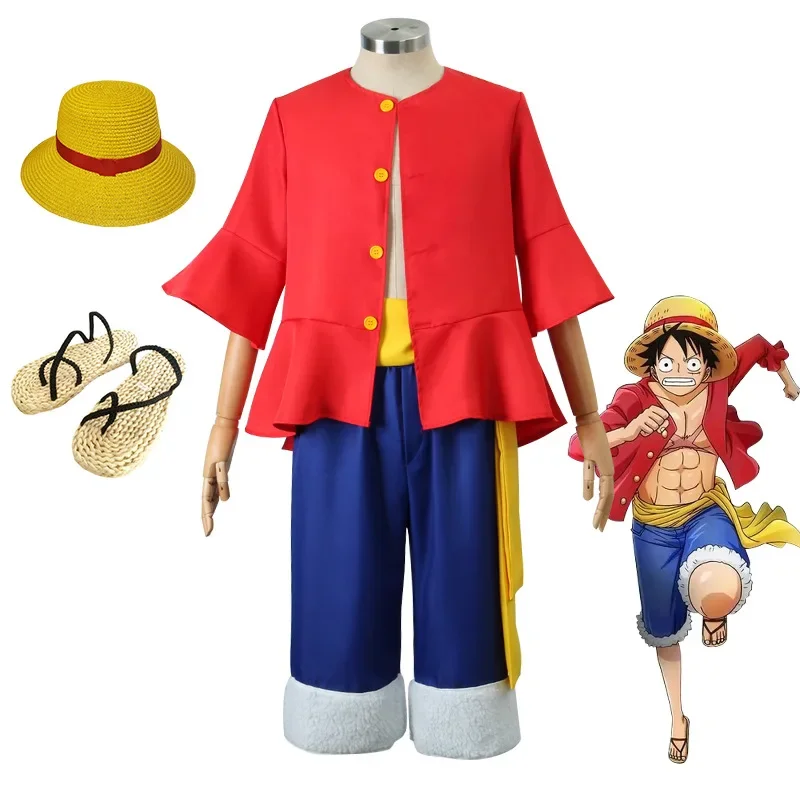 One-Piece-Monkey-D-Luffy-Anime-Cosplay-Costume-Red-Top-Blue-Pants-Hat ...