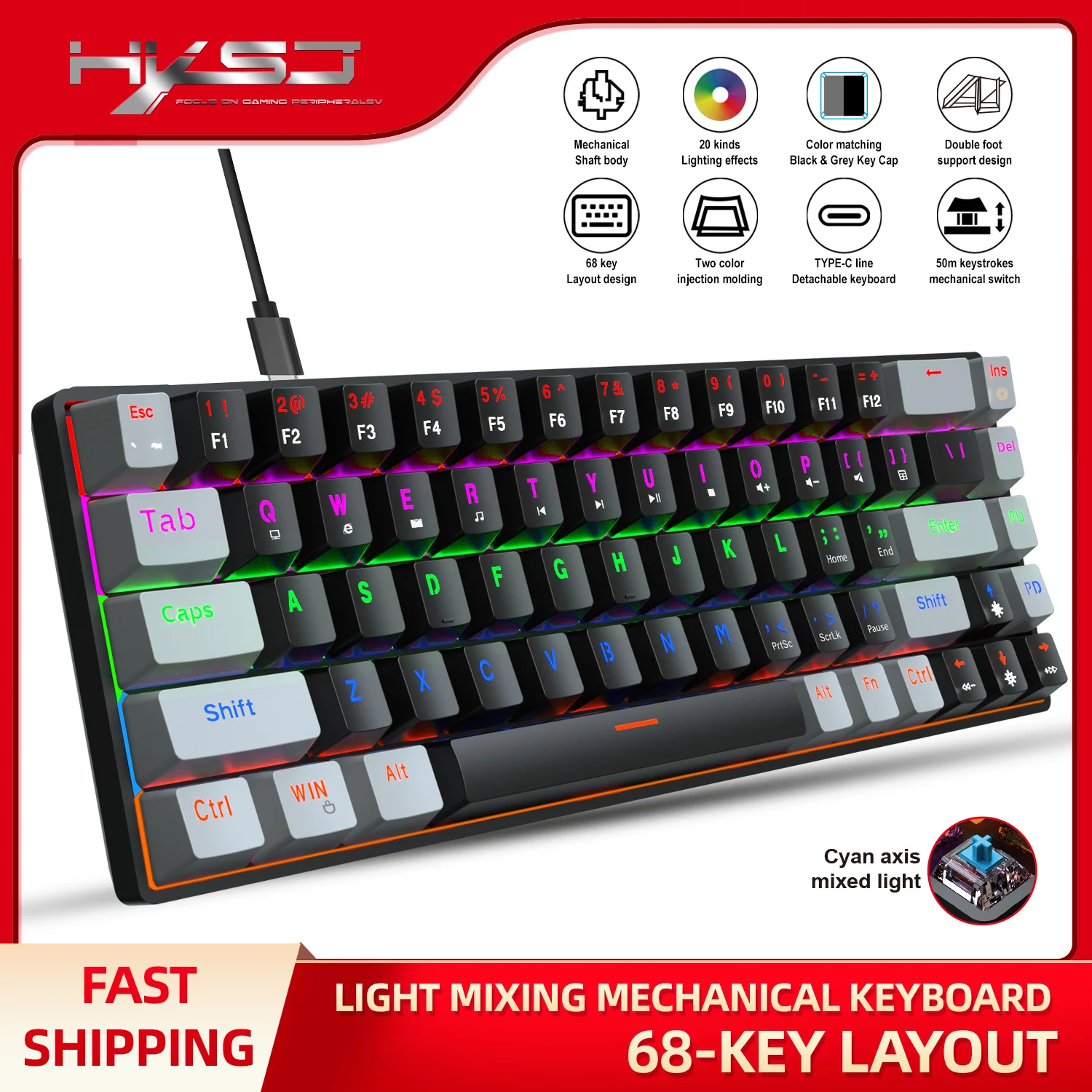 HXSJ-V800-68-key-game-keyboard-E-sport-RGB-ABS-hot-swap-blue-axis-Type ...