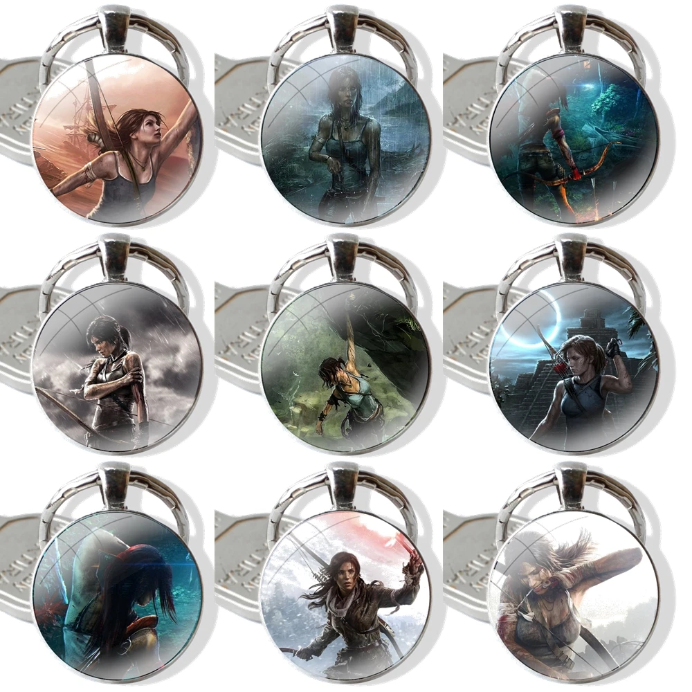 Glass Cabochon Keychain Pendant Car Key Chains Handmade Lara Croft Tomb ...