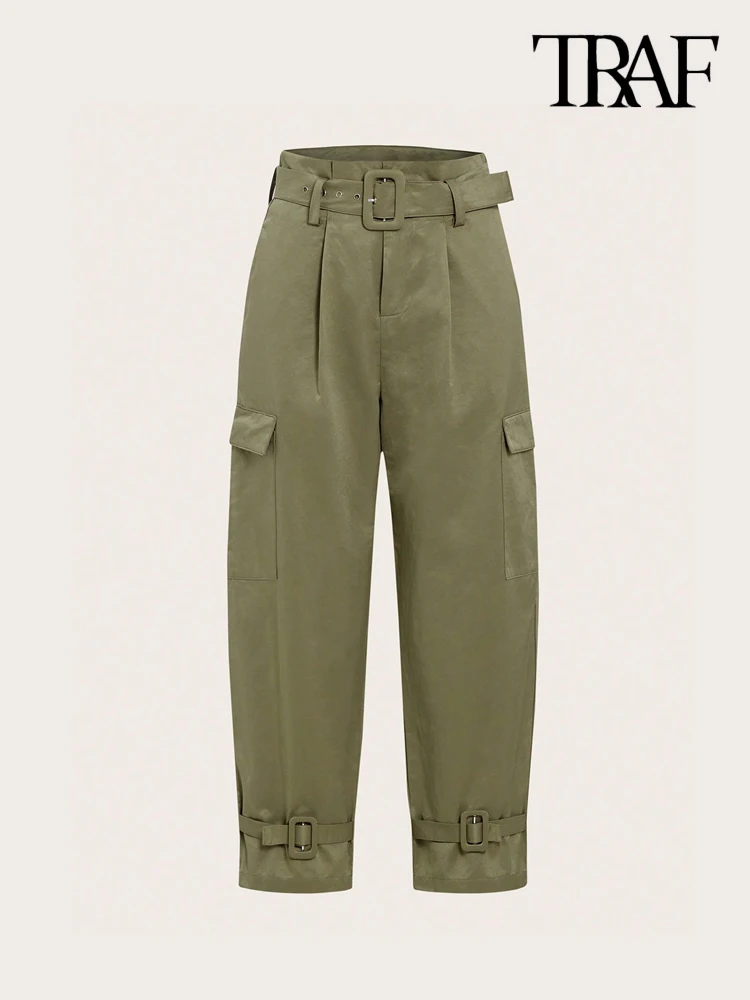 TRAF-High-Waisted-Cargo-Pants-for-Women-Patch-Pockets-With-Belt-Female ...