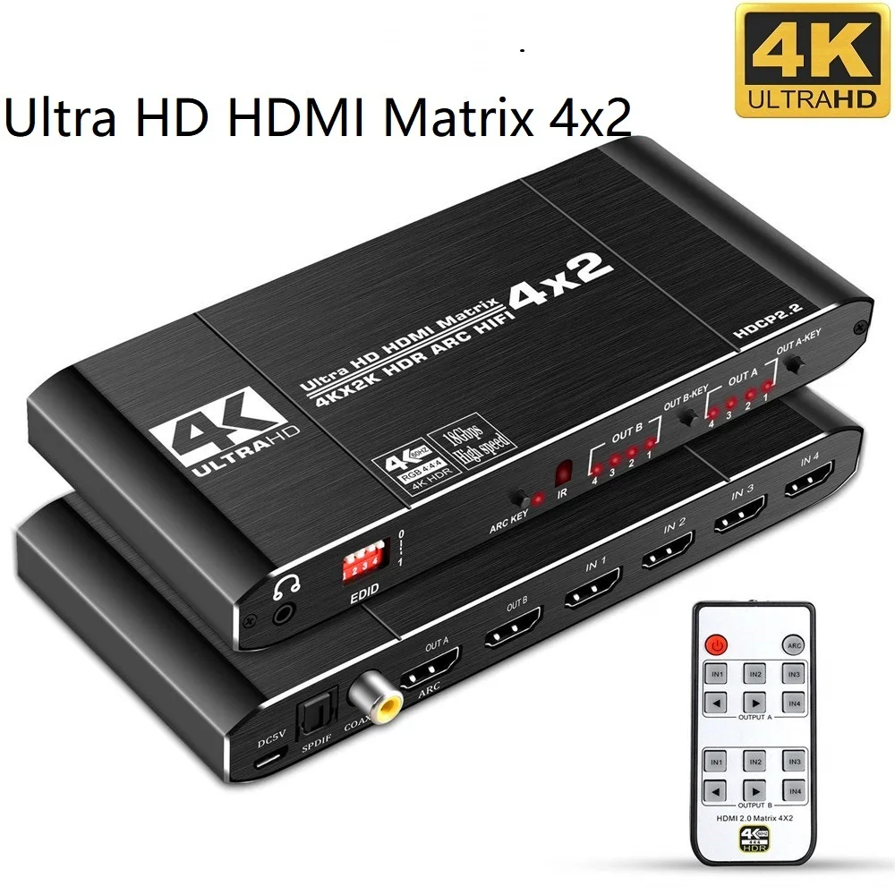 HDMI 2.0 Matrix Switcher Splitter 4x2 4K@60Hz HDR UHD 18Gbps ARC Audio Extractor SPDIF Coaxial 3 ...