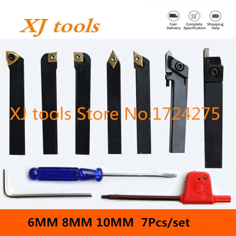 6mm/8mm/10mm 7Pcs/Set Indexable Carbide Turning Lathe Cutter Tool With Inserts For Mini Lathe ...