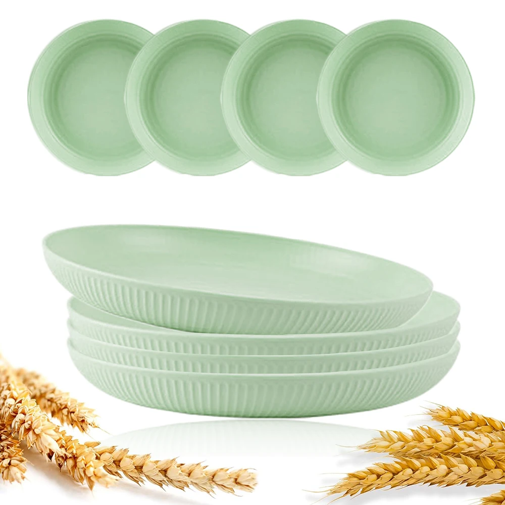 8Pcs-Plastic-Wheat-Straw-Plates-Stackable-Unbreakable-Round-Tableware ...