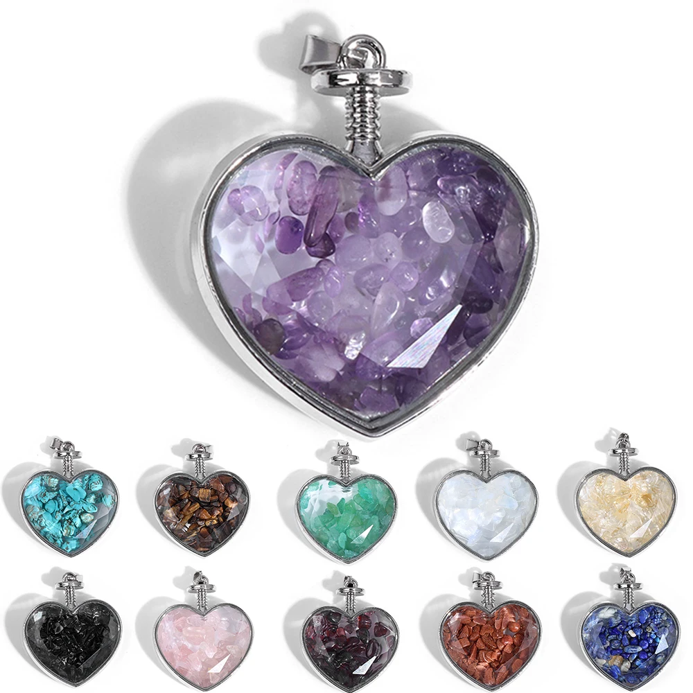 1pc Gem Stone Chips Box Pendant Heart Shape Lucky Healing Jewelry ...