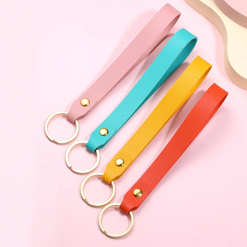 Colorful Long Wrist Strap Car Keychain Lanyard Double-sided PU Leather ...