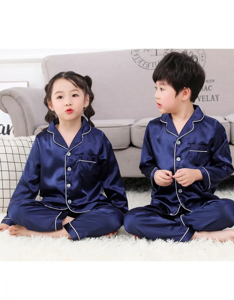 Girls Boys Satin Pajama Set Silk Pjs Long Sleeve Kids 2 Piece Sleepwear ...