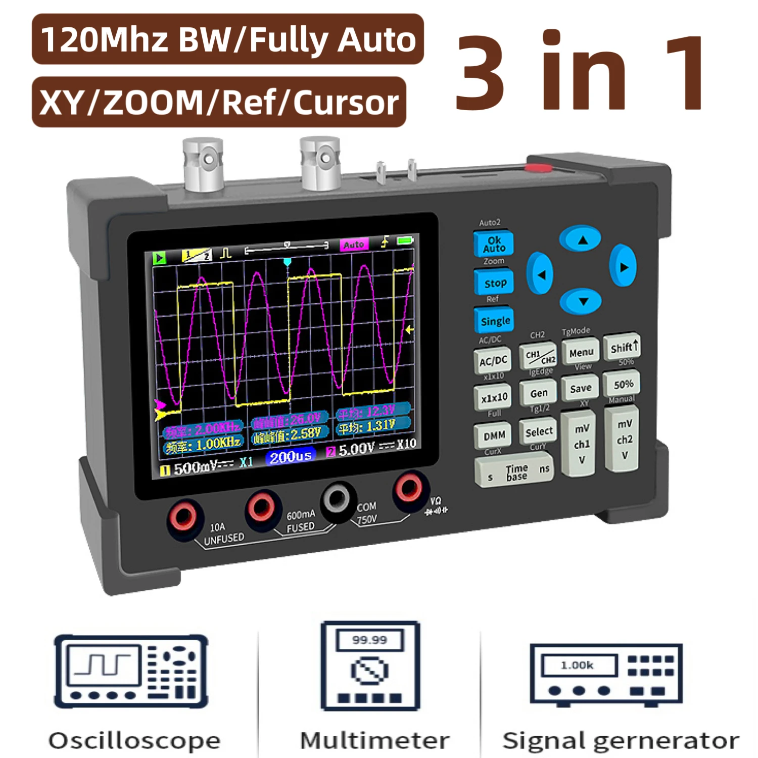 DSO3D12 3 in 1 Digital Oscilloscope Dual Channels 120Mhz Bandwidth Portable 3 in 1 Osiclloscopes ...