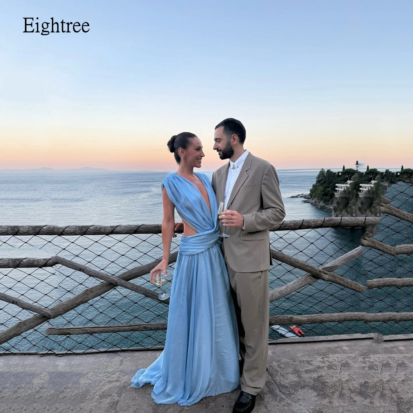 Eightree Modern Blue V Neck Prom Gowns Exposed Waist A Line Party Gown ...