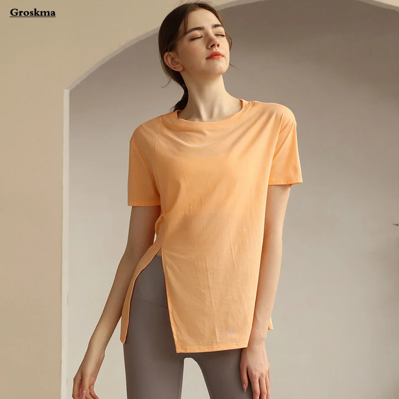 Sportswear-T-Shirts-Women-Yoga-Smock-Short-Sleeve-Split-Fitness-Tops ...