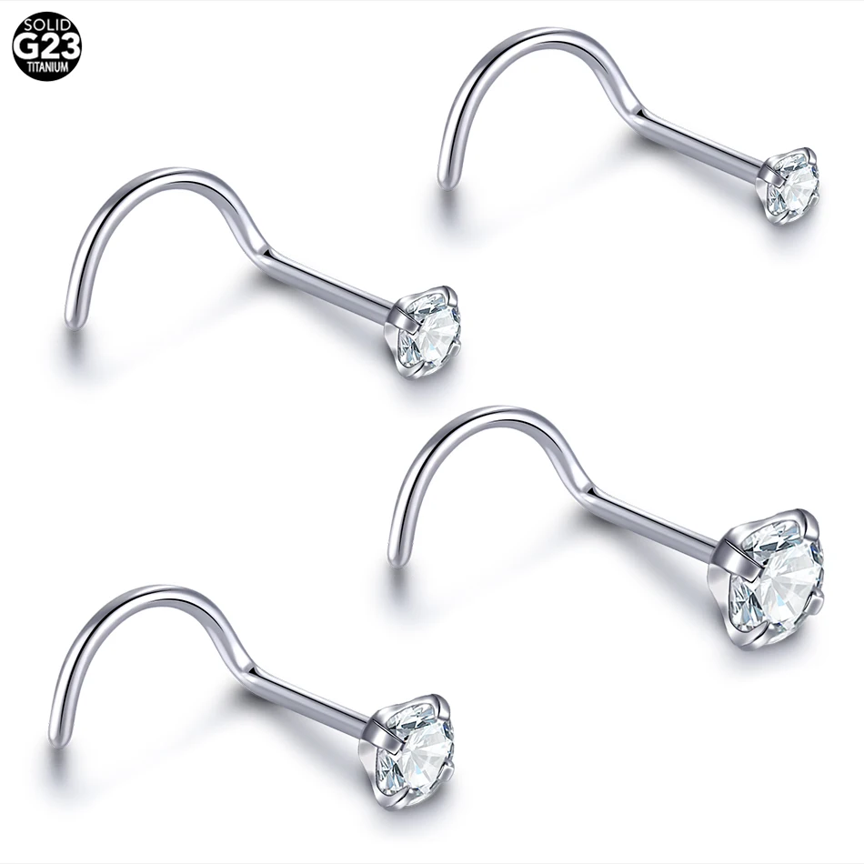 1PC G23 Titanium Round CZ Crystal Nose Stud Rings 20G Prong Nose ...