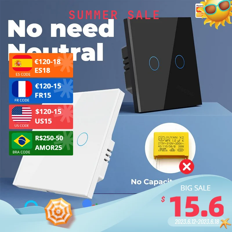 Tuya Zigbee Smart Touch Switch Light No Neutral Wire No Capacitor 1/2/3 ...