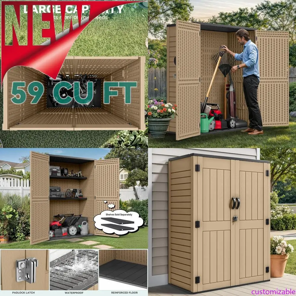 59 Cubic Feet Outdoor Vertical Resin Storage Shed - Waterproof ...
