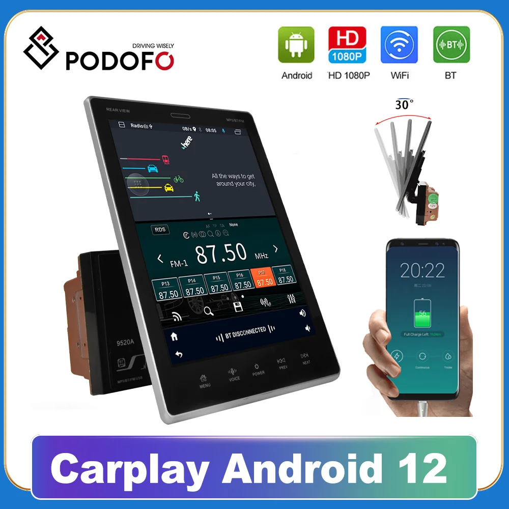 Podofo android 12 2 din rádio do carro gps multimídia jogador carplay universal 9.5 "hd para vw ...