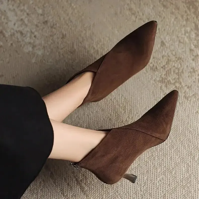 Botas-cortas-de-ante-con-punta-estrecha-para-mujer-botines-de-tac-n ...
