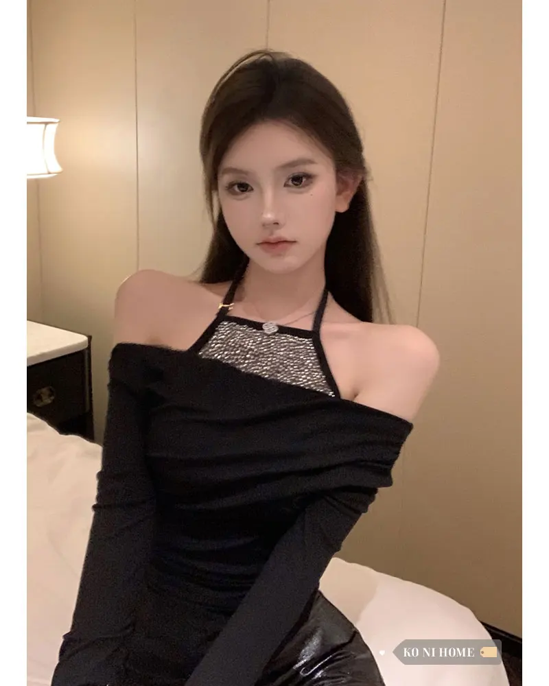 Sexy Off Shoulder Long Sleeve Top Autumn New Two Piece Set Diamond