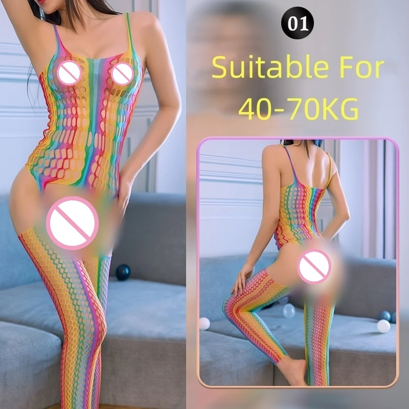 Sexy Lingerie Rainbow Fishnet Women's Underwear Erotic Body Suit Stockings Open Crotch Teddies ...