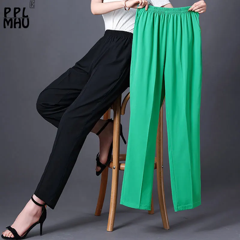 Mom's Elastic High Waist Straight Pants Women Thin Summer Classic Pantalones Basic Ankle Length ...