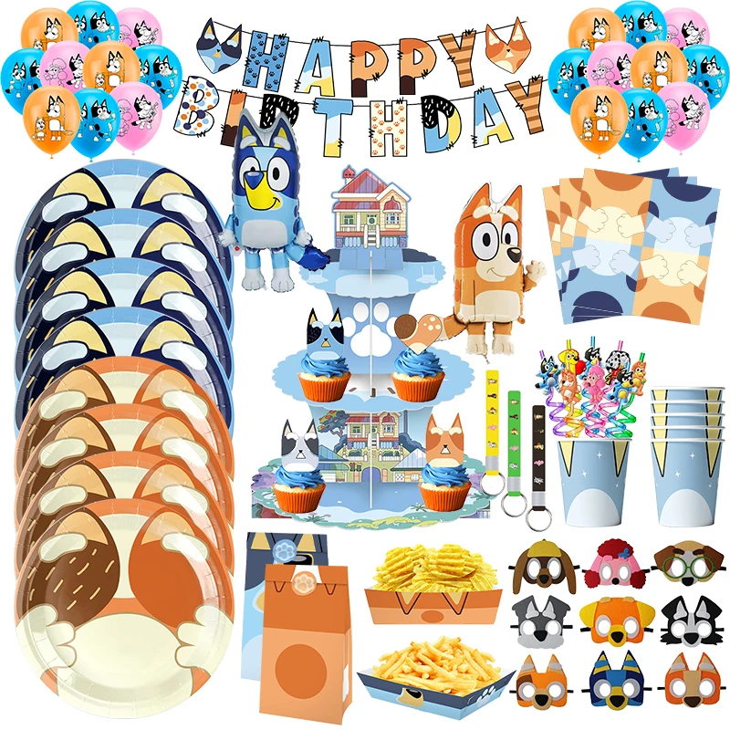 Bluey Birthday Party Supplies - Blue Balloons & Tablecloth Backdrop Set ...