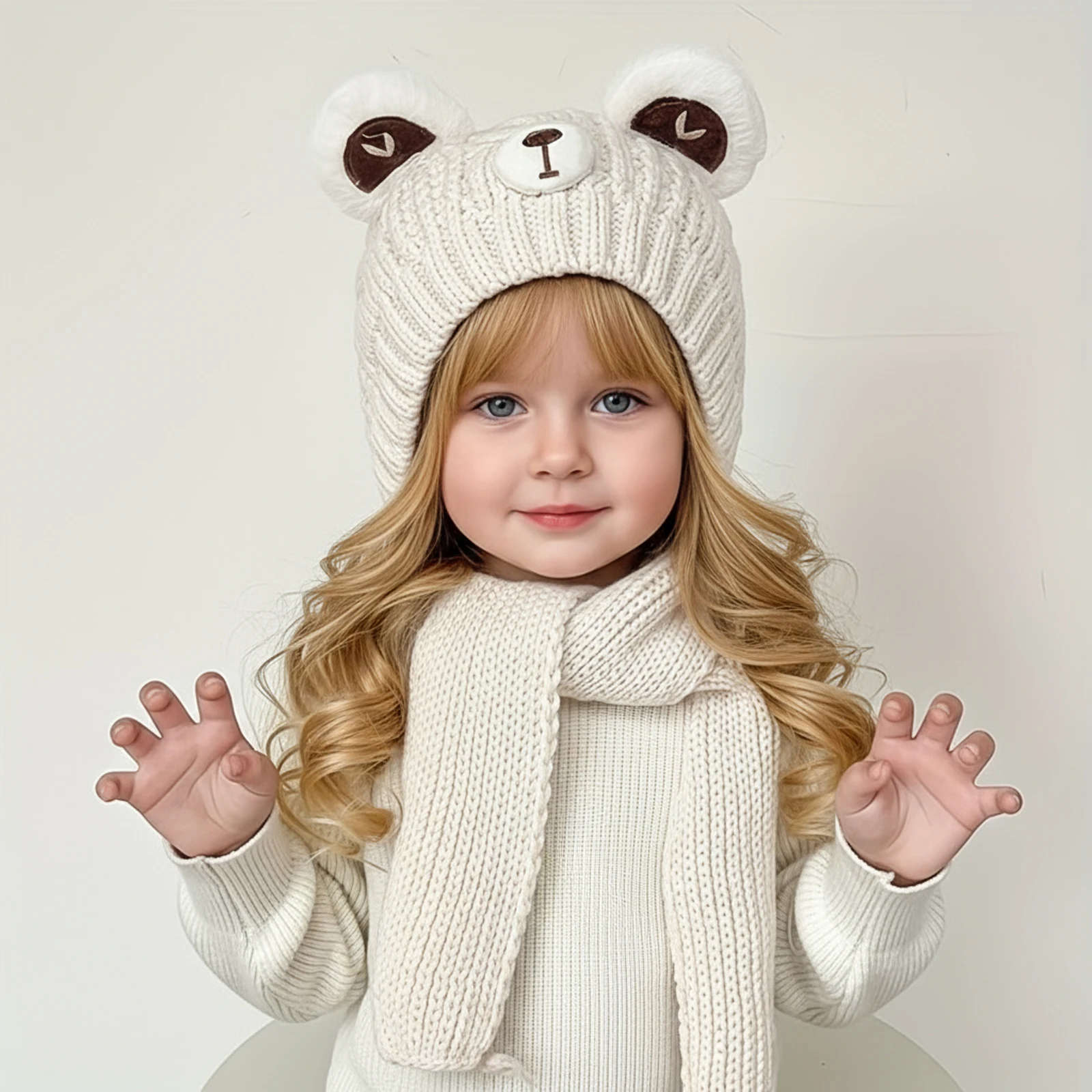 Kids Winter Hat Scarf with Bear Ears Cute Warm Knitted Hooded Scarves ...