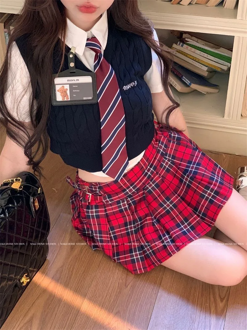 Aiertu American Style School Girl Uniform Set Summer Daily Slim Vest M