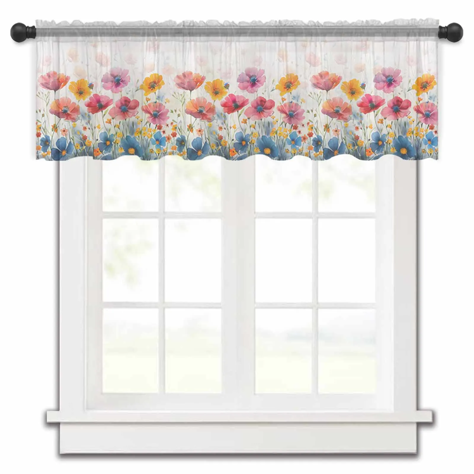 Flower-Watercolor-Flower-Bud-Kitchen-Small-Window-Curtain-Tulle-Sheer ...