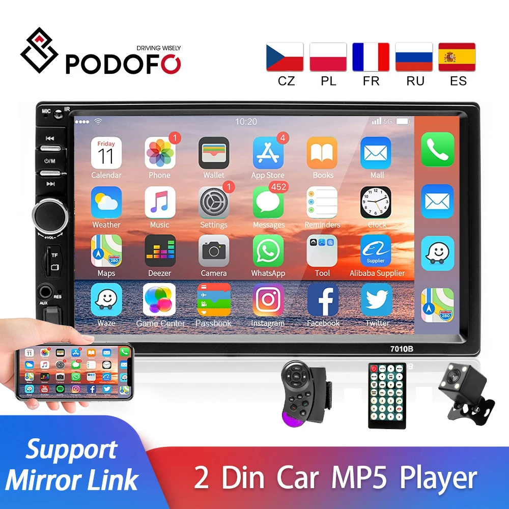 Podofo 2 Din Rádios Do Carro Bluetooth Autoradio Hd Tela De Toque De ...