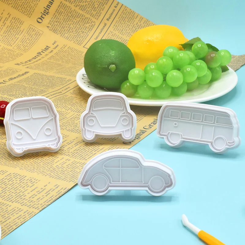 4PCS Car Cookie Cutter Vehicle Plunger Cutters Fondant Cake Decorations ...