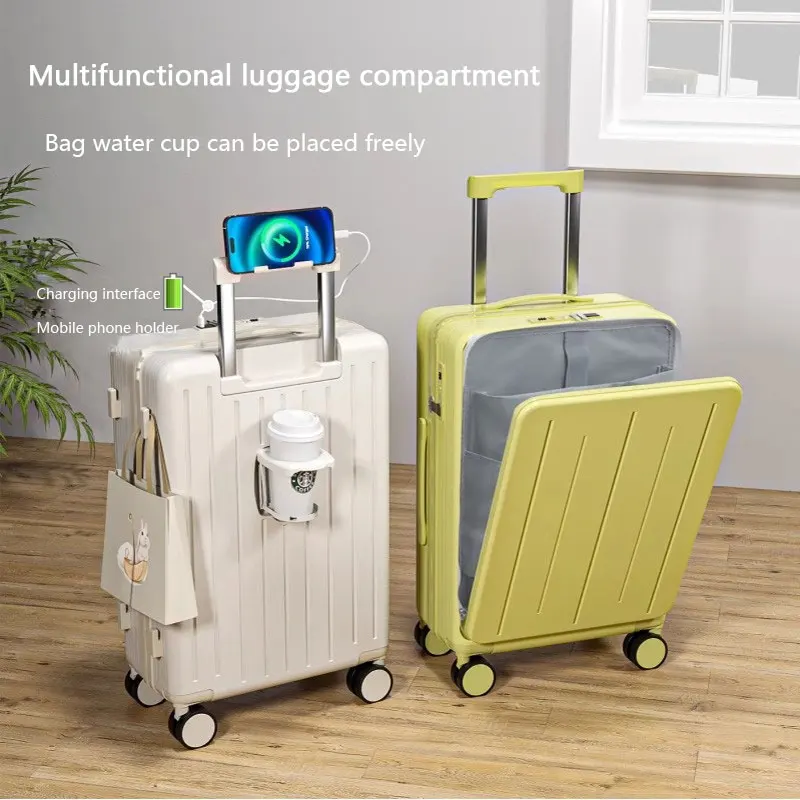 Front-Opening-Suitcase-Women-Cabin-Luggage-Case-with-Phone-Holder-USB ...