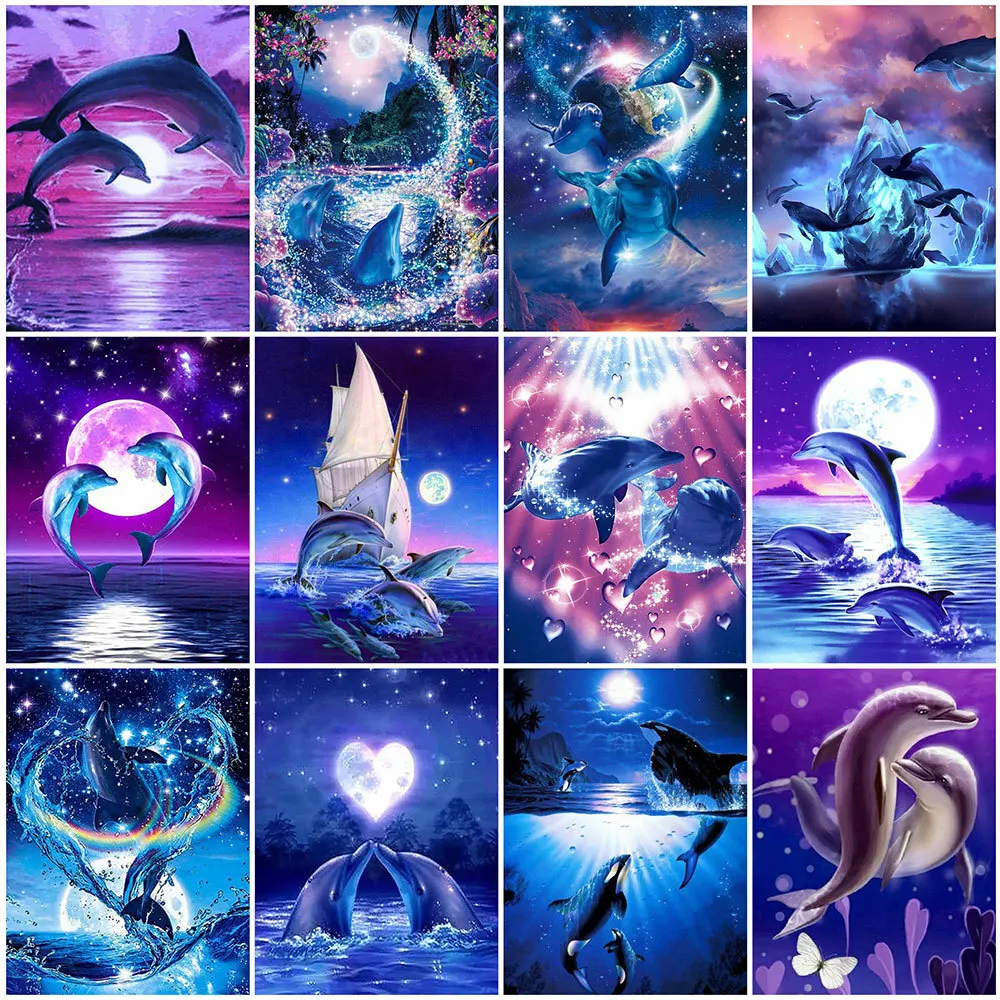 HUACAN 5D Diamond Mosaic Dolphin Moon Full Square Diamond Painting ...