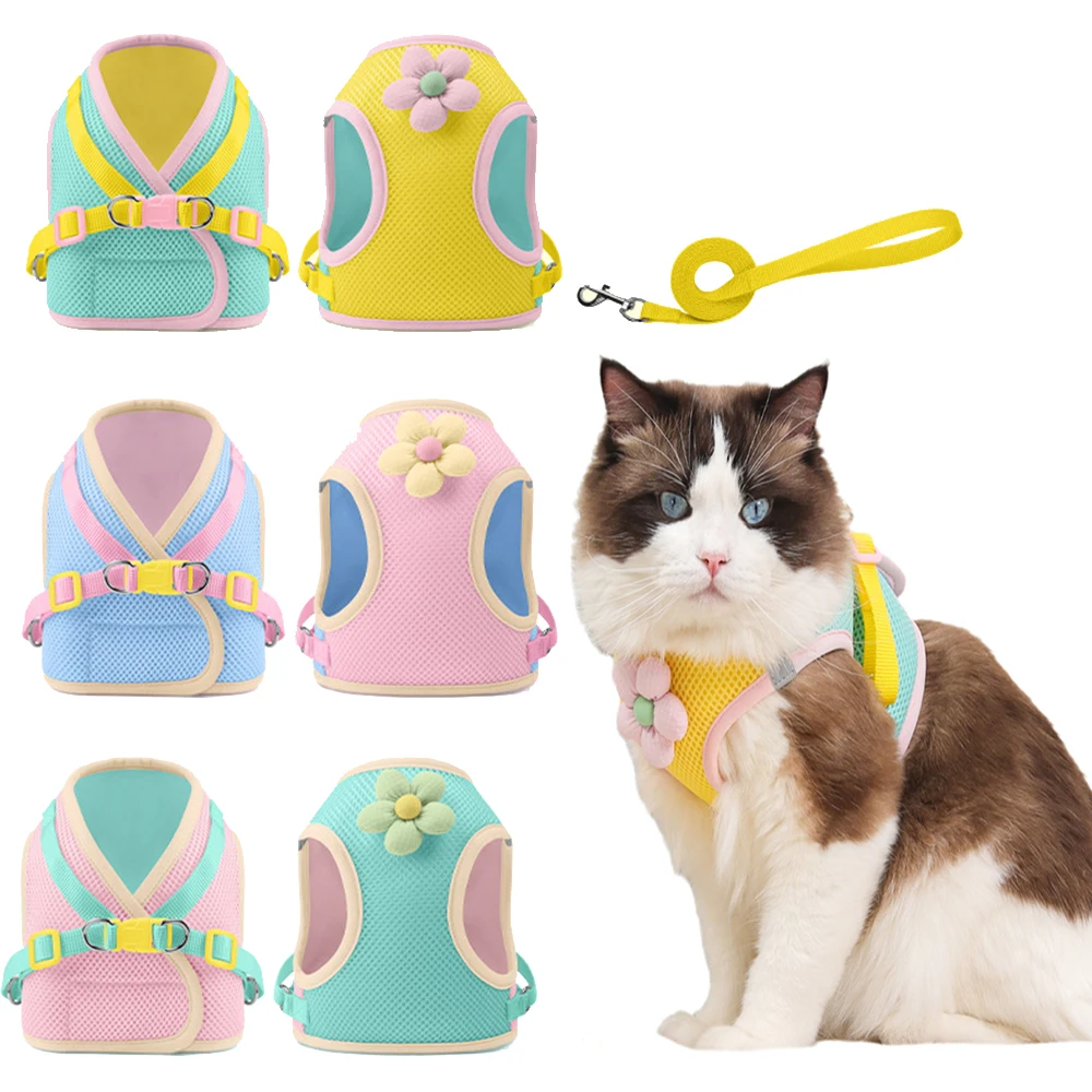Dual-Color Splicing Summer Cat Dog Harness Leash Set Reflective ...