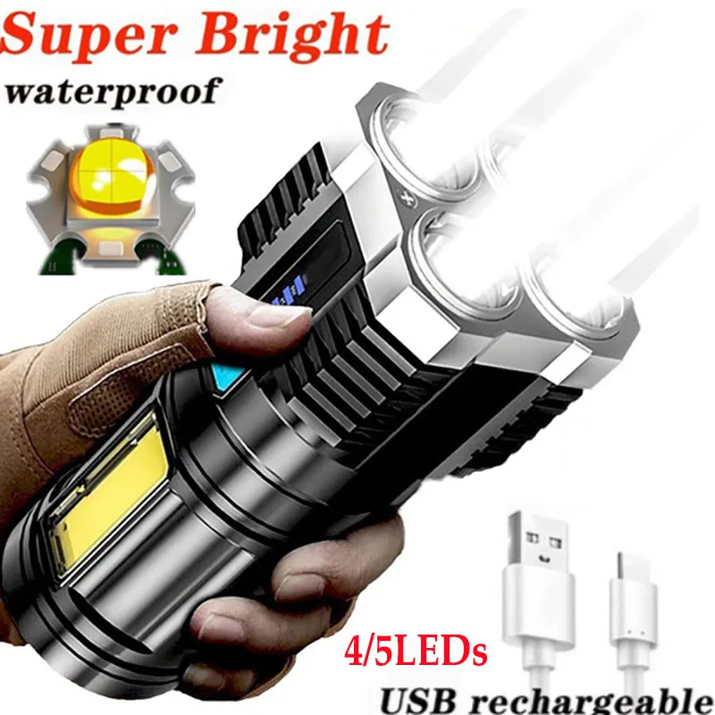 Cob Tactical Portable Flashlight Sport 4/5 Heads Torches Led Light Lamp ...