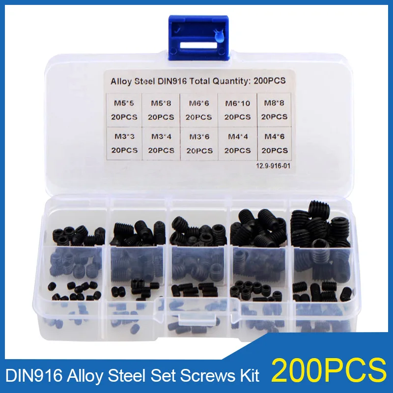 200PCS Hex Socket Set Screws Grub Screw Assortment Kit Carbon Steel ...
