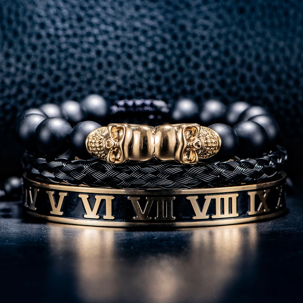 Luxury-Set-Men-Cool-Skull-Skeleton-Head-Bangle-Bead-Bracelets-Enamel ...