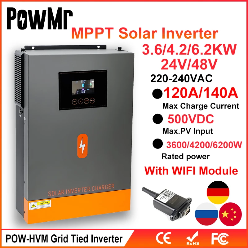 PowMr 6.2KW On grid&Grid Tied Inverter 48V to 230VAC MPPT 120A Output And Max Solar Panel 500VDC ...