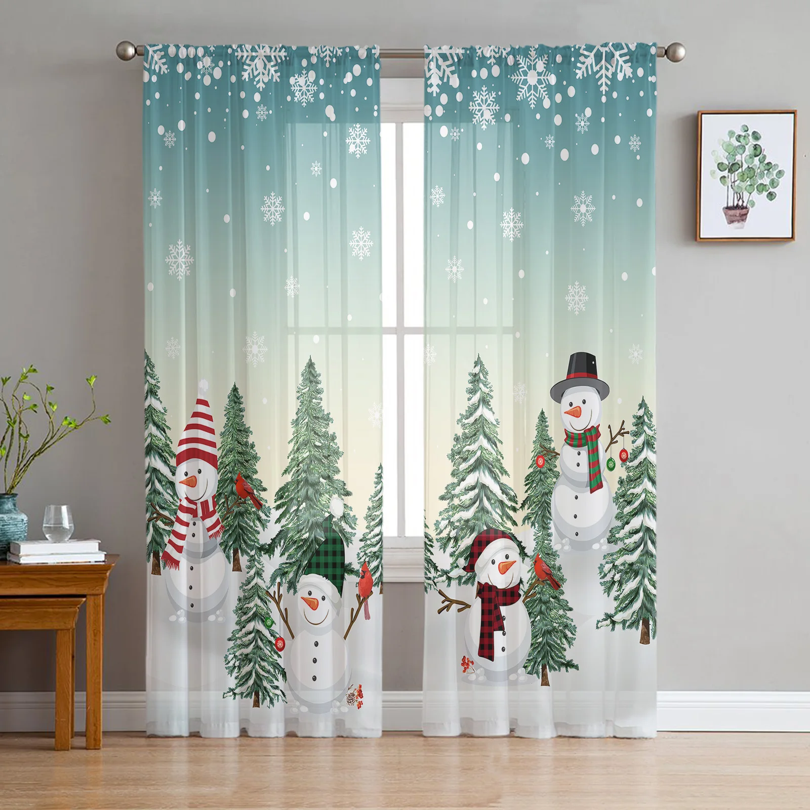 Christmas Curtain Snowman Snowflake Tulle Window Curtain Sheer Valances ...