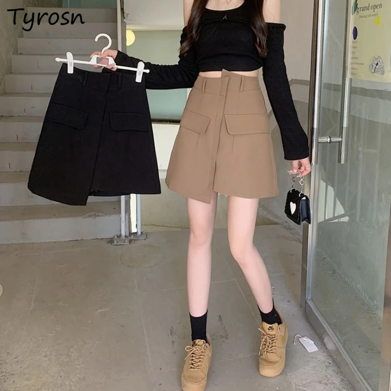 Skirts-Women-Design-Retro-Asymmetrical-Elegant-All-match-Solid-Korean ...