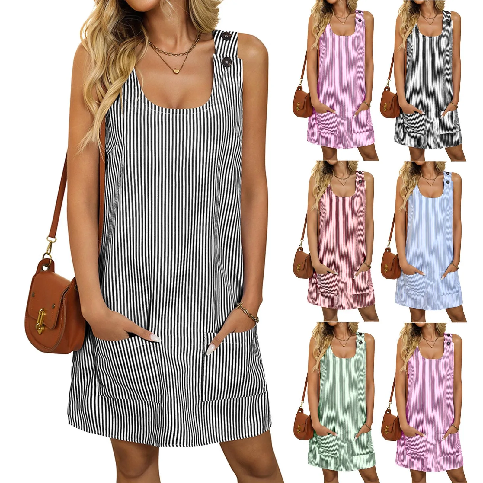 Striped Loose Sundress for Women Square Collar Sleeveless Button Down ...