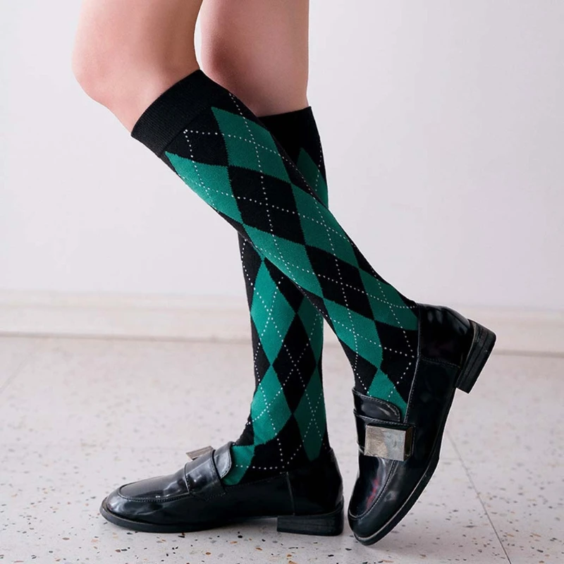 Women Cotton Knee High Socks Preppy Style Vintage Argyle Plaid Print ...
