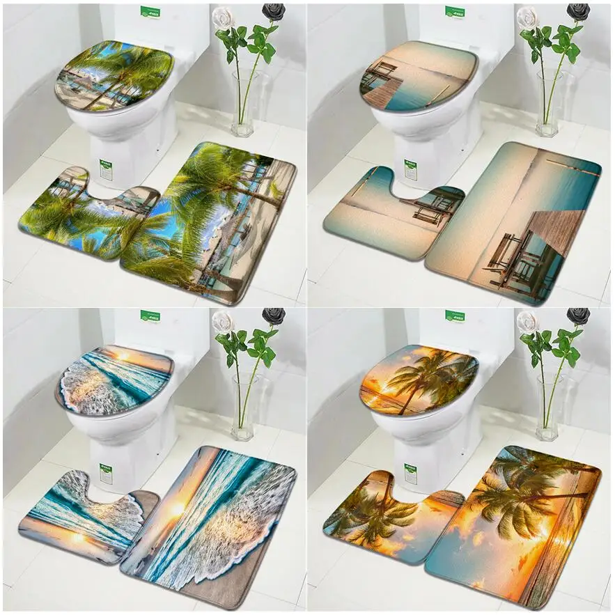 Ocean-Beach-Bath-Mats-Sets-Palm-Trees-Tropical-Hawaii-Nature-Scenery ...