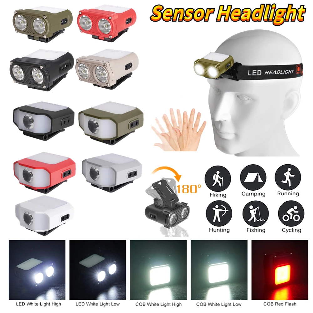 유도 전조등 COB LED 센서 헤드라이트, 내장 배터리 손전등, USB 충전식 캡 클립 토치, 야외 작업등 ...
