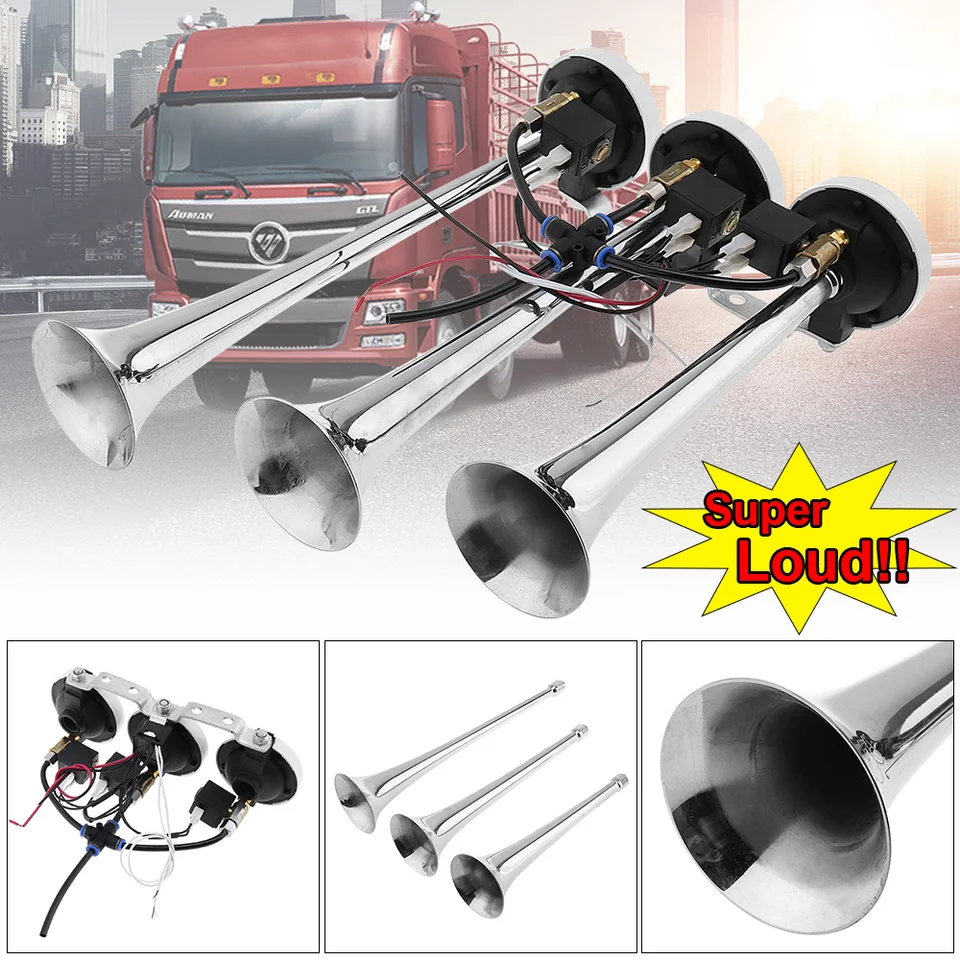 Air Horn 4 Trumpet Train 12V 178dB Super Loud - Black For Trucks, Cars ...
