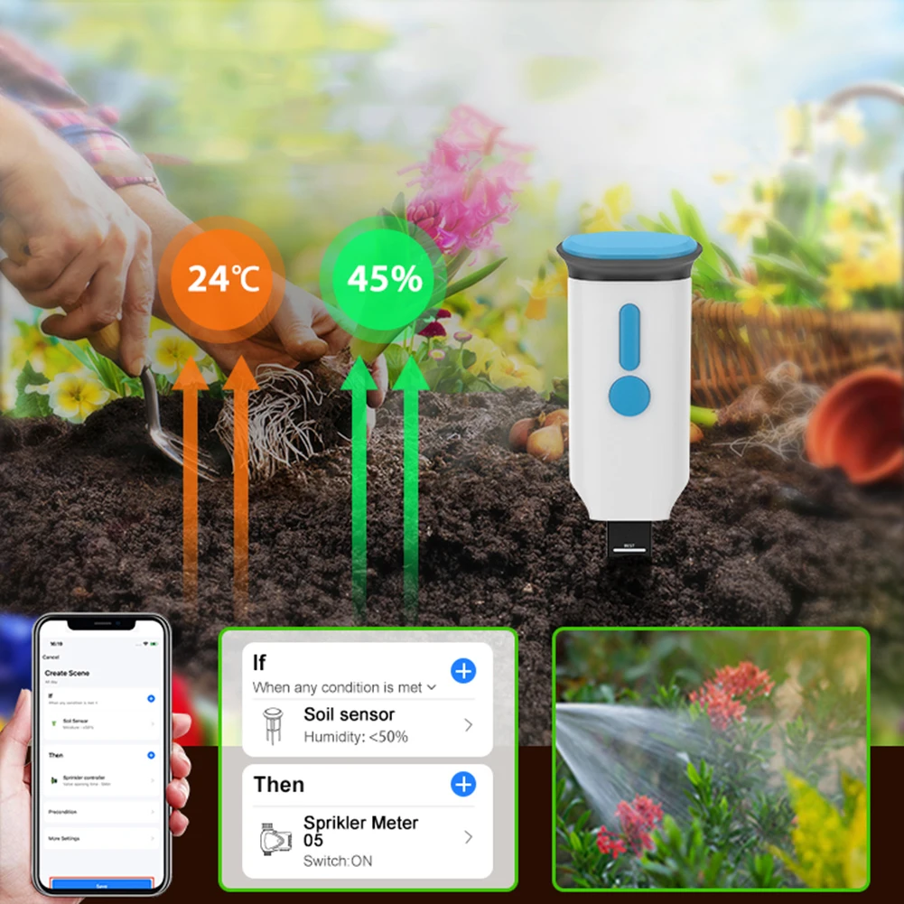 WiFi Smart Soil Sensor 2.4GHz BT 5.0 Wireless 45M Distance Temp ...