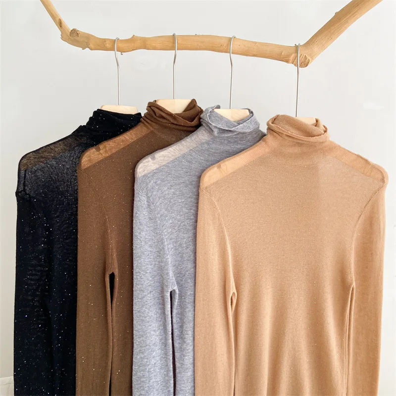 Naizaiga-100-wool-Knitted-sequins-solid-color-thin-camel-black-gray-long-sleeve-turtleneck-Women ...